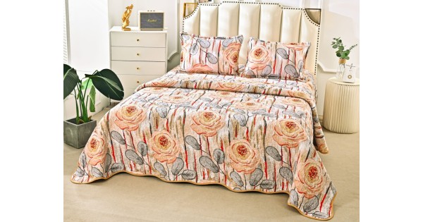 Cuvertura pat dublu din Bumbac Satinat Superior, 3 PIESE, Crem-Rosu, trandafiri - Cumparamisim.ro